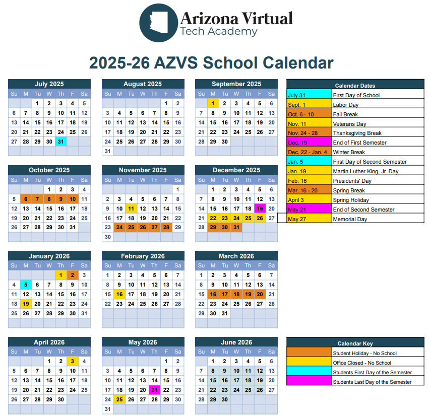 Arizona Virtual Schools School Calendar and Important Program Dates